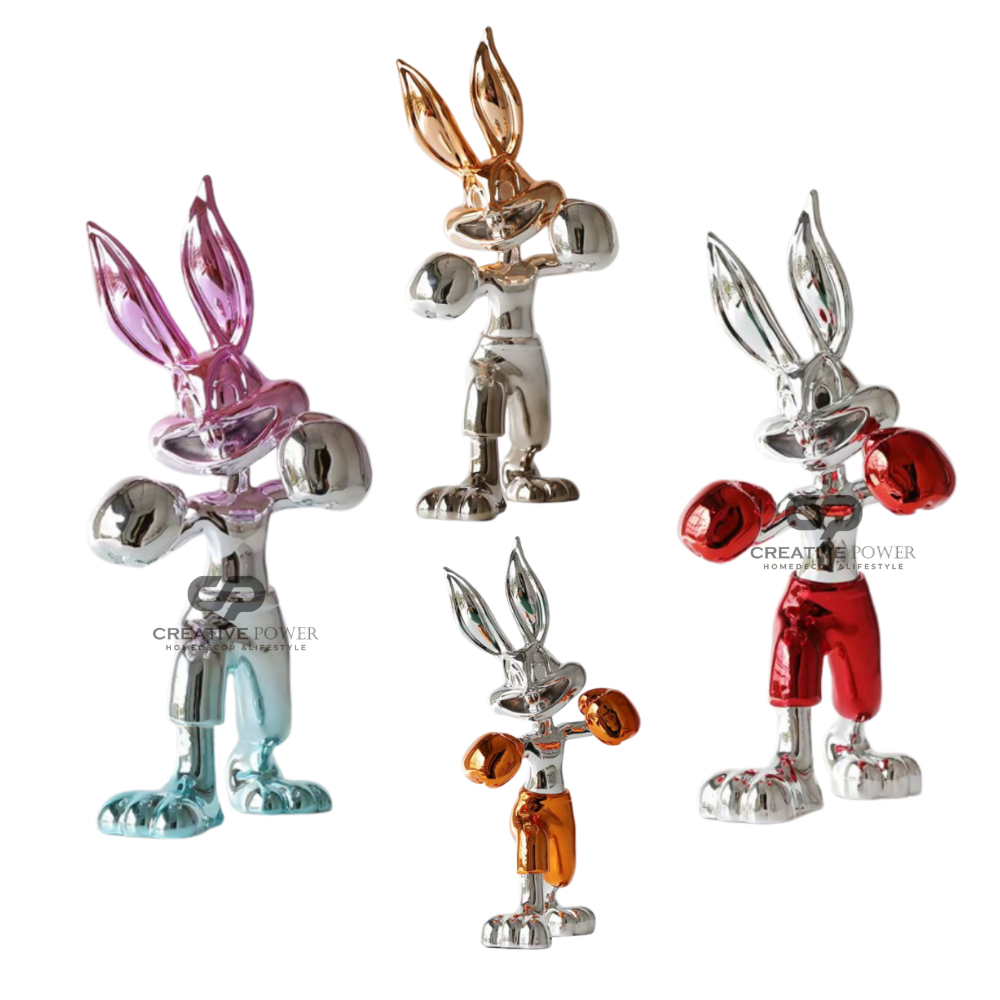 Chrome Boxing Bunny Sculpture – Pop Art Resin Rabbit Home Decor Figurine